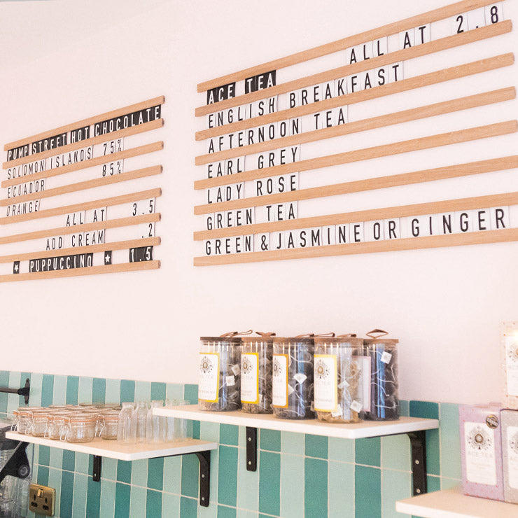 Café Menu - White Letters on Oak Rails – 'The Goods' Signs London