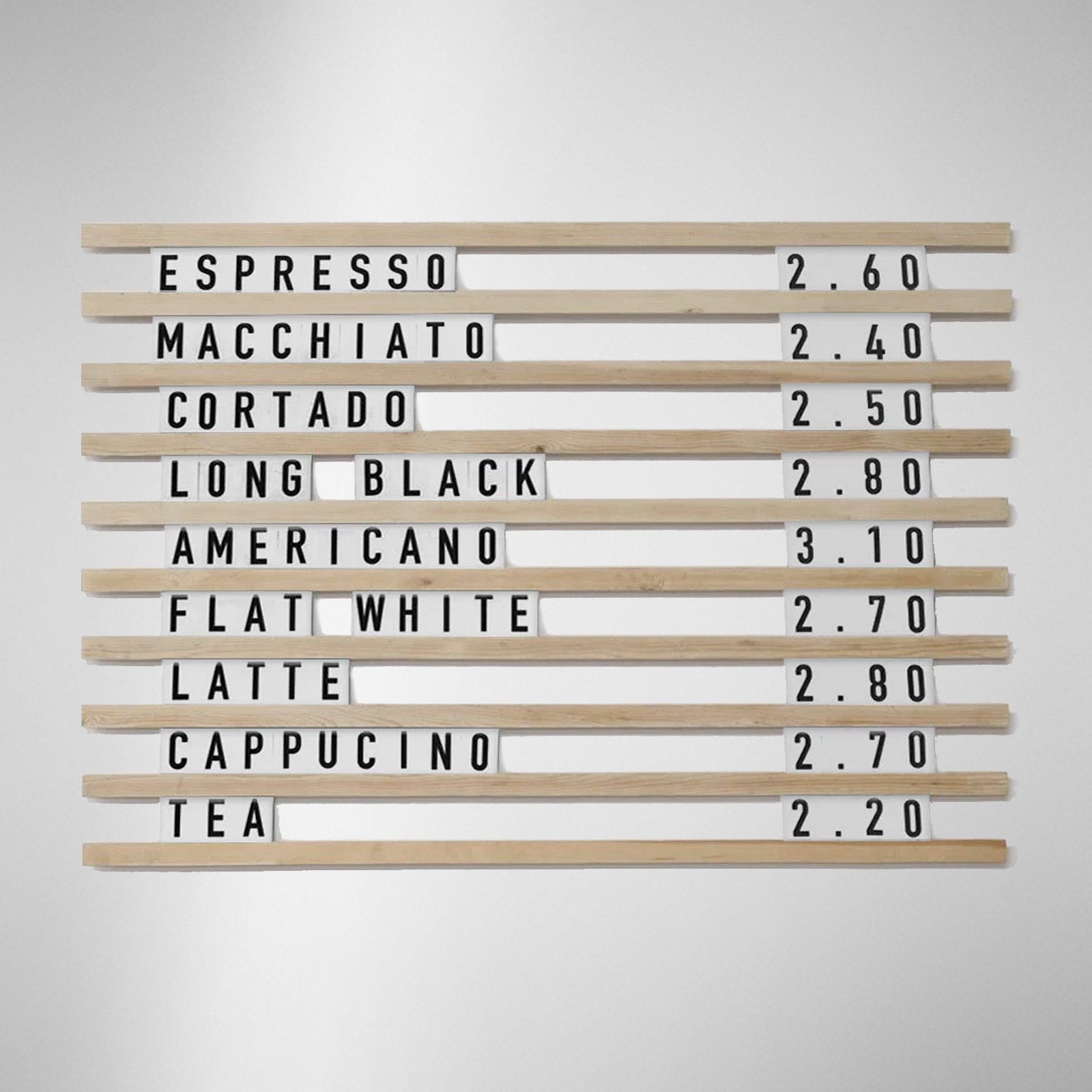 Café Menu - White Letters on Oak Rails – 'The Goods' Signs London