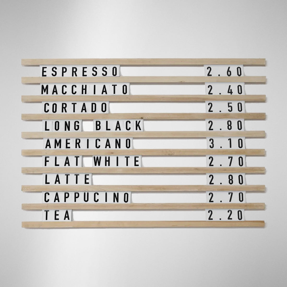 Café Menu- White Letters on Oak Rails – Goods London